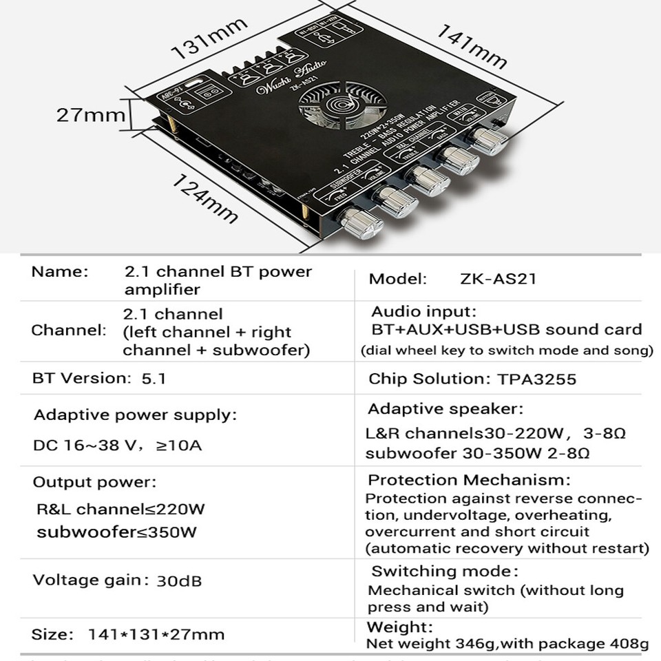 TPA3255 Bluetooth 5.1 Power Amplifier 2.1Channel Amplifier Board 220WX2 ...