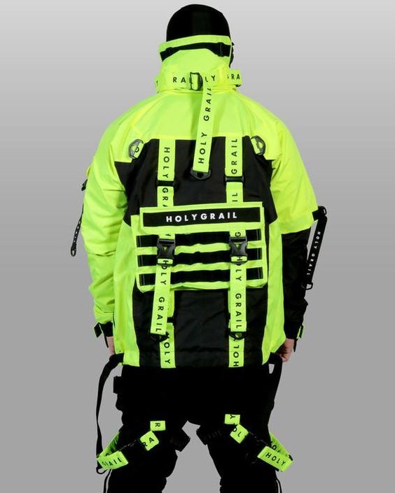 Men's Techwear Neon Green Jacket Hoodie Full Zip Buckle H G - A.N.R.X V ...