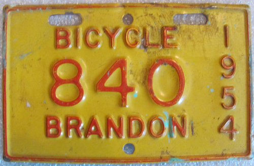 VINTAGE LICENSE 1954 BRANDON MANITOBA CANADA BICYCLE LICENCE PLATE #840 ...