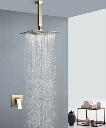 Brushed Gold Wall Celling Shower Faucet Set 10" Ultrathin Rainfall ...