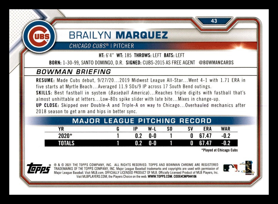 2021 Bowman Brailyn Marquez RC Rookie #43 Chicago Cubs NM-MINT | eBay