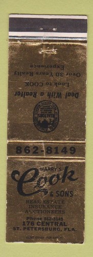 Matchbook Cover - Harry Cook Real Estate Insurance St Petersburg FL ...