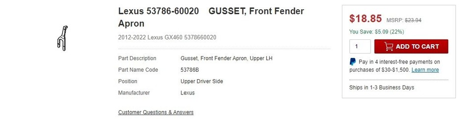 Lexus GX460 2012 - 2022 Front Fender gusset PN 53786-60020 Front Fender ...