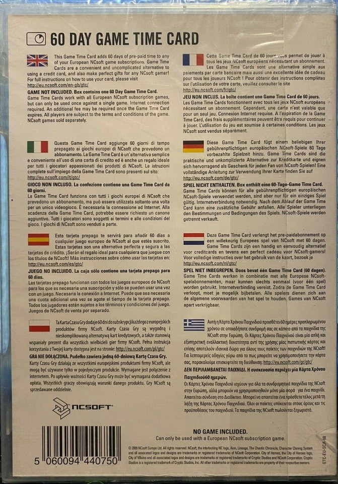 NCSOFT 60 DAY GAME TIME CARD PC City Of Heroes - Does Not Include The ...