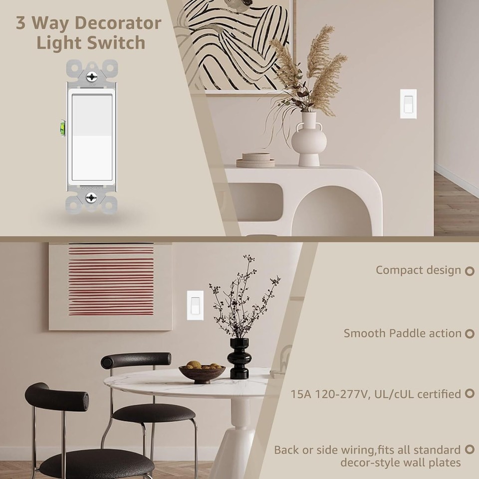 3 Way Light Switch 15A 120/277V Three Way Switch Rocker Switch On / Off ...
