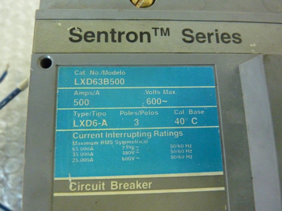 SIEMENS SENTRON SERIES LXD63B500 3 POLE 500A 600V MAX CIRCUIT BREAKER ...