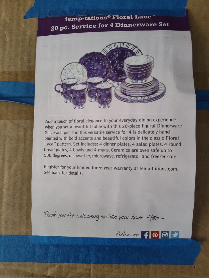 temp-tations 20 pc Dinnerware Set Floral Lace (Ceramic) By Tara Cobalt ...