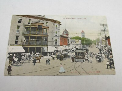 H328 postcard Busy Street scene horse buggy train Beloit WI Wisconsin ...