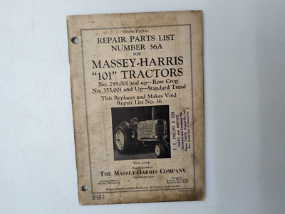 Vintage Massey Harris Service Repair Parts List Model 101 Row Crop 36A ...