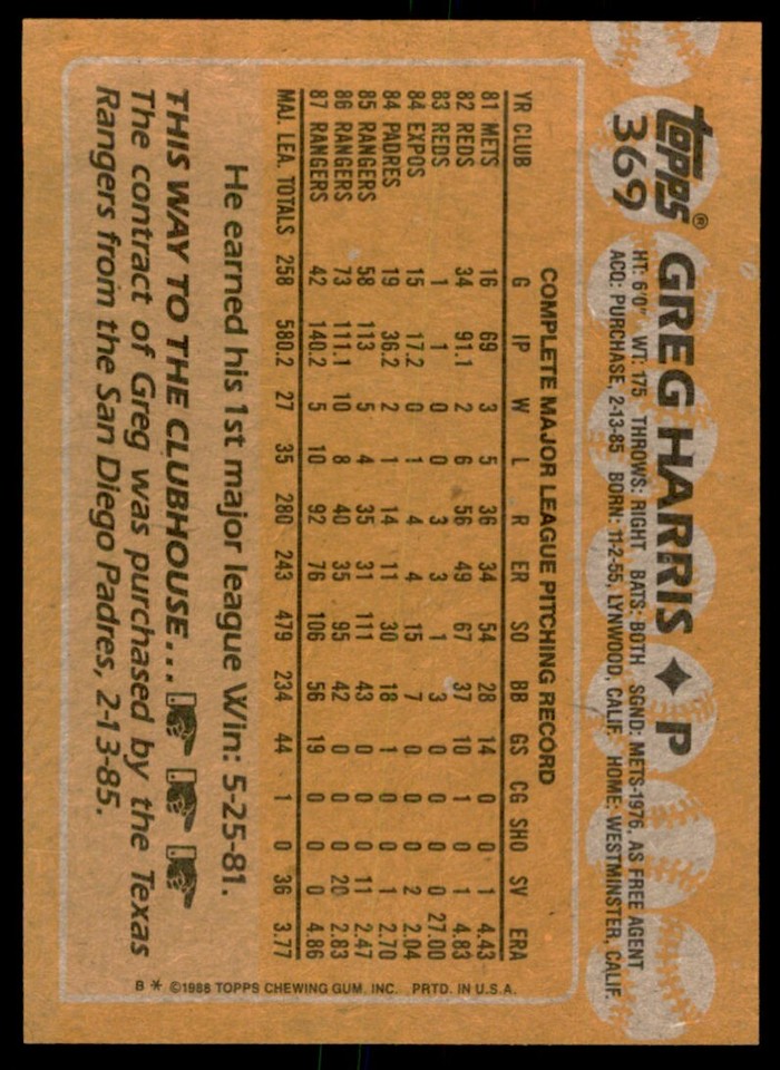 1988 TOPPS GREG HARRIS TEXAS RANGERS #369 | eBay