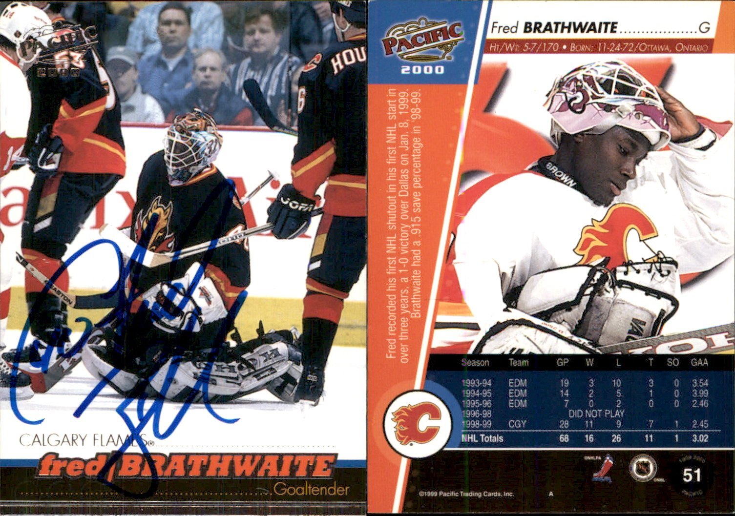 Fred Brathwaite Signed 1999-00 Pacific #51 Card Calgary Flames Auto AU ...