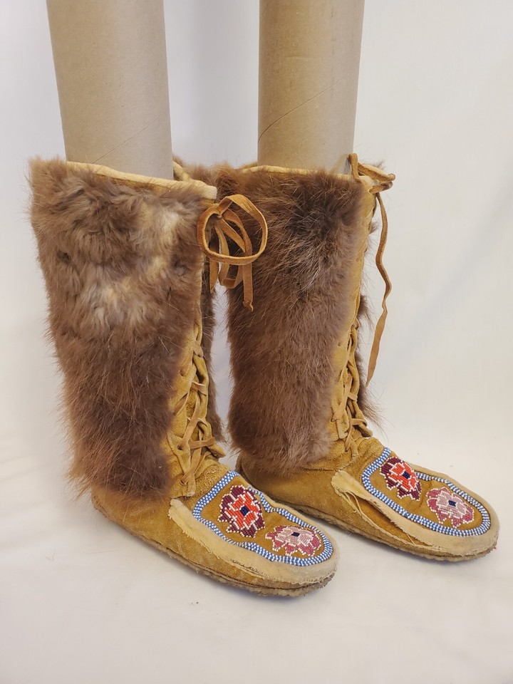 Leather Lace-up Beaver Fur Beaded Mukluks Handmade First Nations | eBay