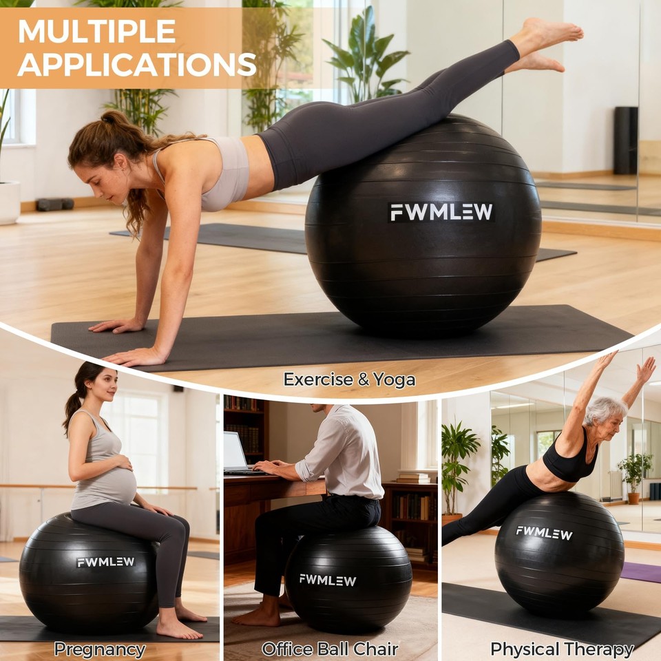 Extra Thick Exercise Yoga Ball, 5-Size Anti-Burst Heavy Duty Stability ...