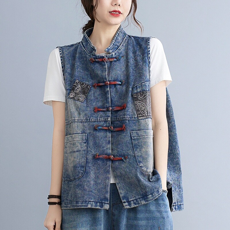Ladies Ethnic Denim Waistcoat Gilet Vest Jacket Frog Button Jeans Tops ...