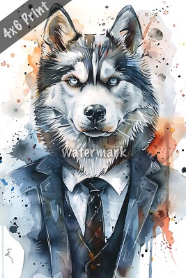 Gangster dog Siberian Husky with classic suit watercolor Art 4x6 Print ...