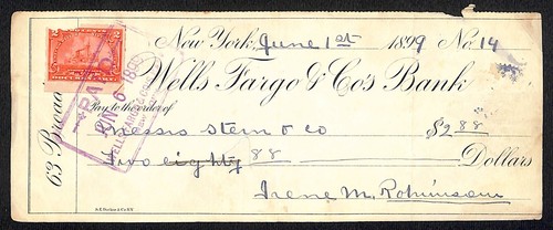 1899 Wells Fargo & Co Bank 63 Broadway NYC Check #14 w/ Rev Stamp Stern ...