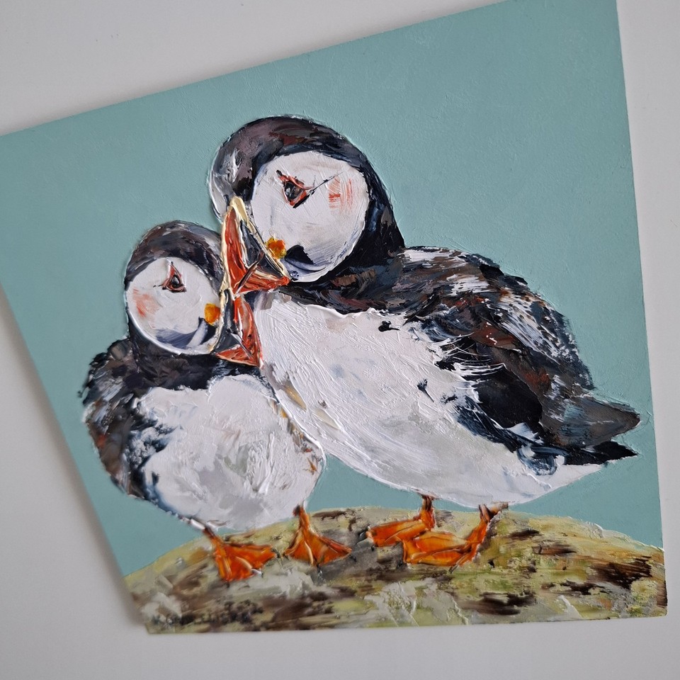 Puffins Original Oil Painting, Puffin Bird Portrait, Wildlife Animal ...