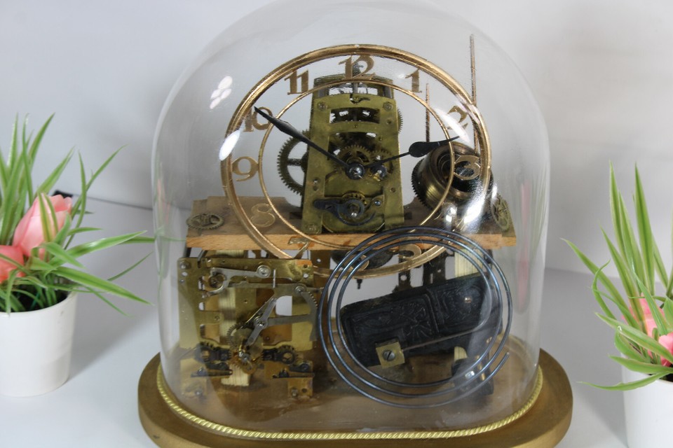 Steampunk skeleton vintage table clock hand made under globe dome glass ...