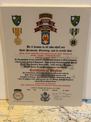 U.S. ARMY - 75TH RANGER / M CO LRRP 173 ABN BDE (VIETNAM) CERTIFICATE ...