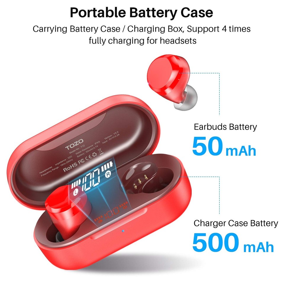 TOZO T12 Wireless Earbuds In Ear Stereo Headphones IPX8 Waterproof Red ...