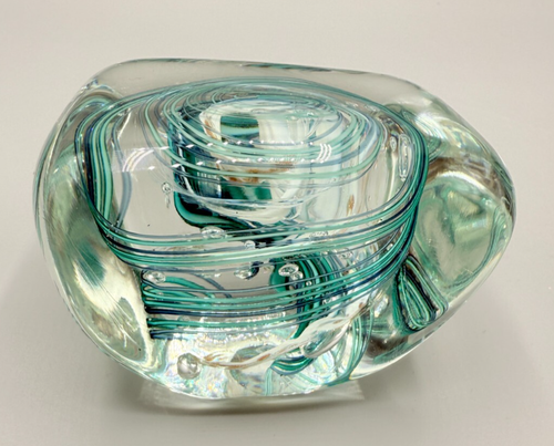 Robert Hamon Signed Art Glass Paperweight Blue/Green & Gold Swirl ...