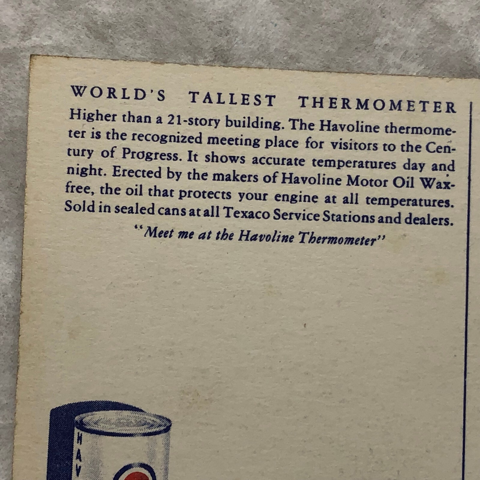 Vintage Chicago World's Fair 1933 Postcard Havoline Thermometer Not ...