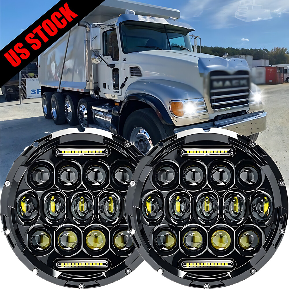 Pair 7" inch Round Led Headlights Hi/Lo Beam for Mack Granite CV713 ...