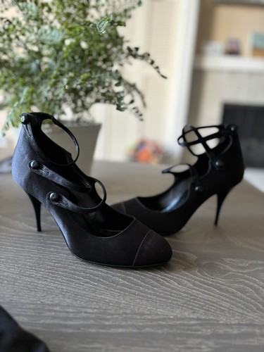 NEW CHANEL Authentic Black Satin Button Heels Cap Toe Shoes Size 39 8.5 ...