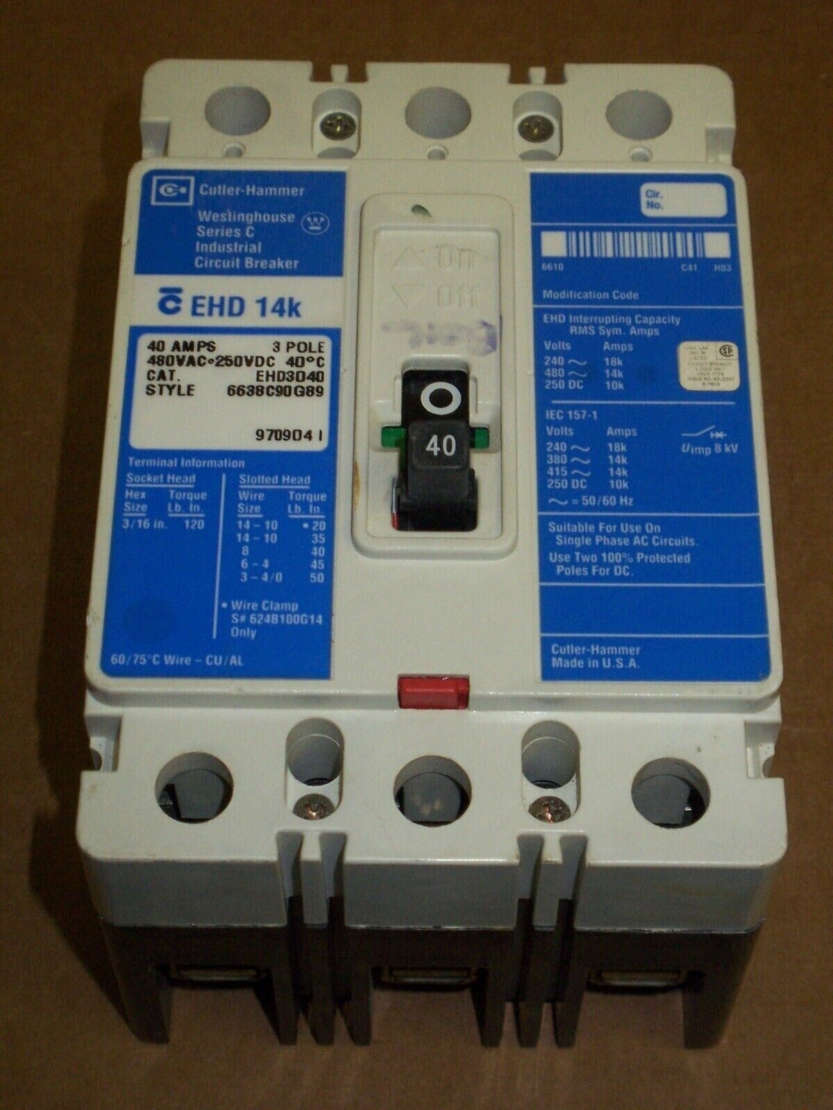 Westinghouse EHD EHD3040 3 Pole 40 Amp 480V Blue Circuit Breaker | eBay