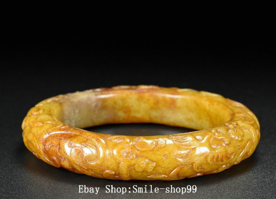 60mm Old Han Dynasty Natural Hetian Jade Carved Dragon Phoenix Bracelet ...