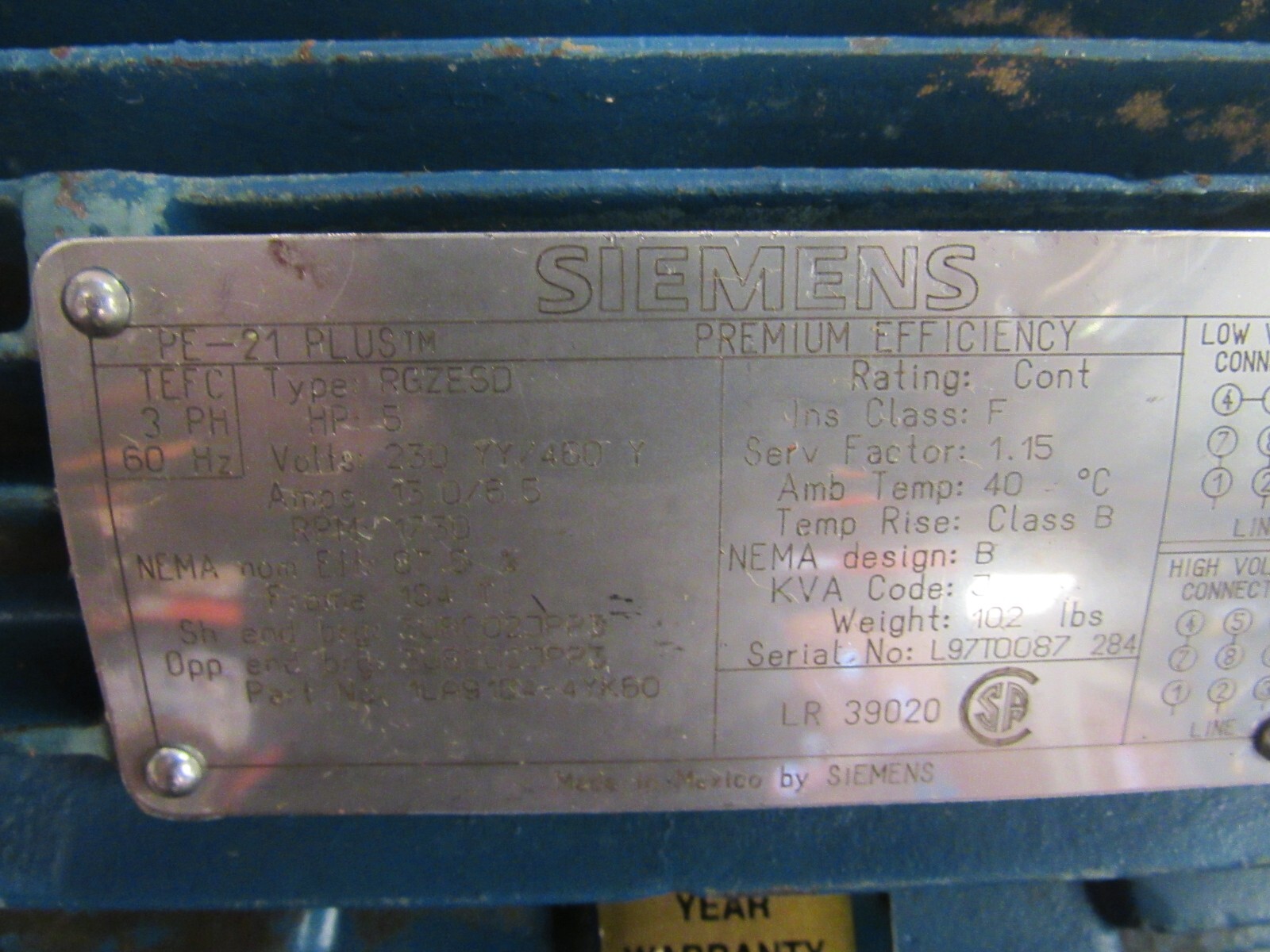 SIEMENS PE-21 PLUS RGZESD 5HP,3PH,1730RPM MOTOR W/ WANNER D10SLSVHFECB ...