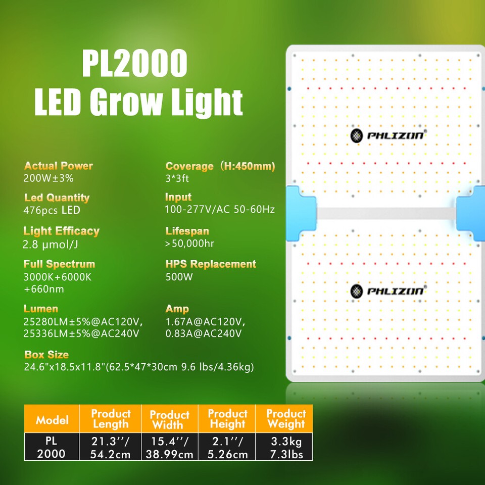 Phlizon PL2000 2000W LED Grow Light Full Spectrum with Samsung led ...