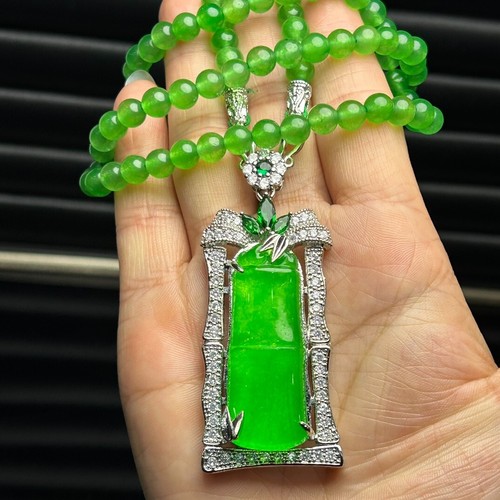 Certified Natural ice inlay Green jade Jadeite Carved Bamboo Pendant ...