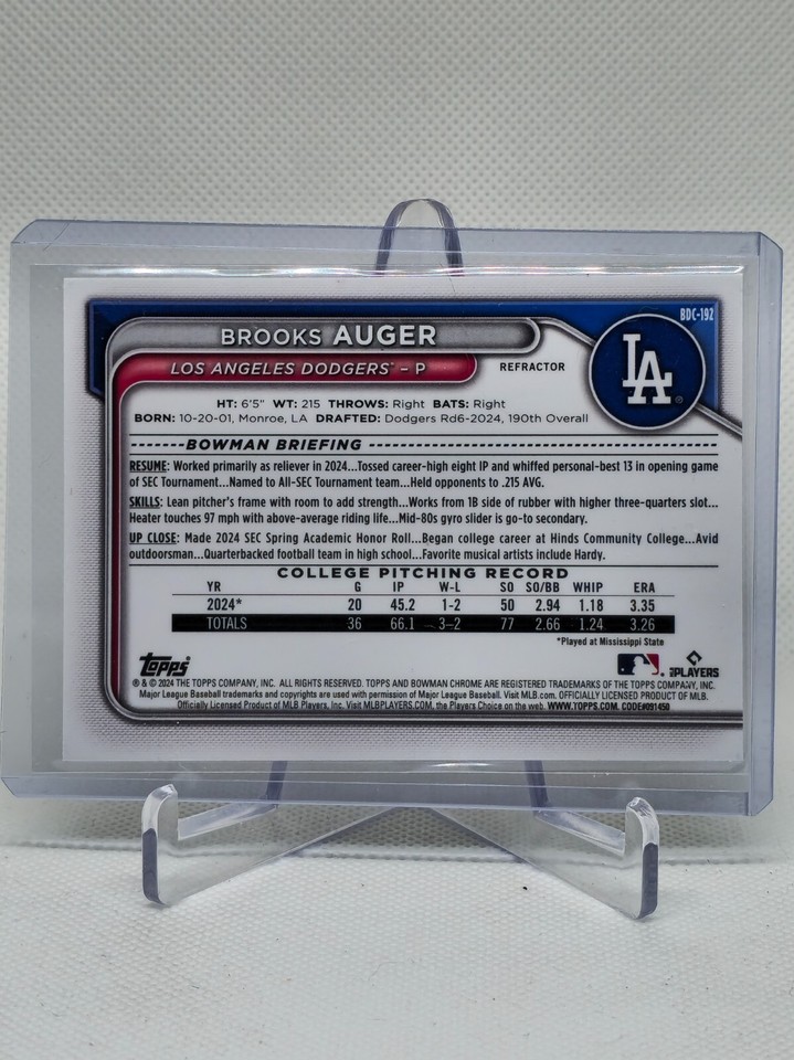 2024 BOWMAN DRAFT BROOKS AUGER REFRACTOR 1ST BOWMAN RC #BDC-192 DODGERS ...