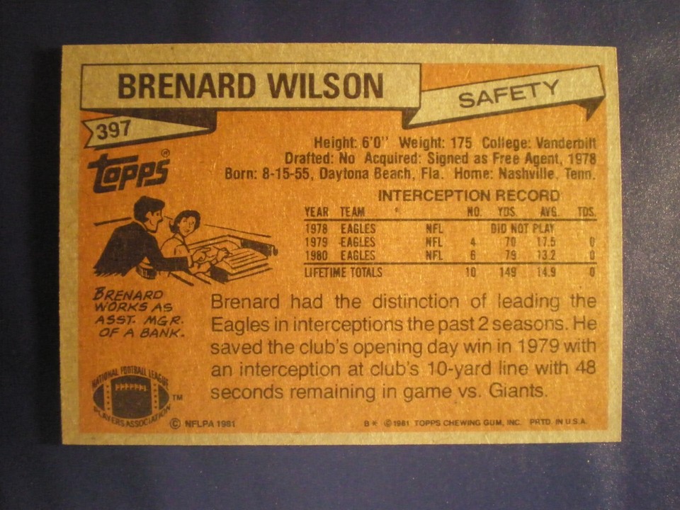 1981 Topps Football Eagles Brenard Wilson Card # 397 | eBay