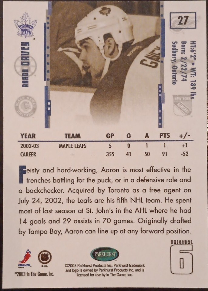 2003 - 2004 Parkhurst Aaron Gavey Original Six Maple Leafs #27 Hockey ...