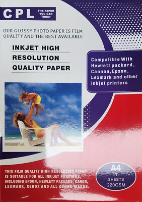 A4 Premium Photo Paper 100% Waterproof CPL High Gloss 220 Gsm -20 ...