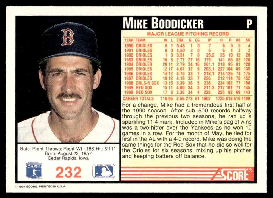 1991 Score Baseball Card Mike Boddicker Boston Red Sox #232 | eBay