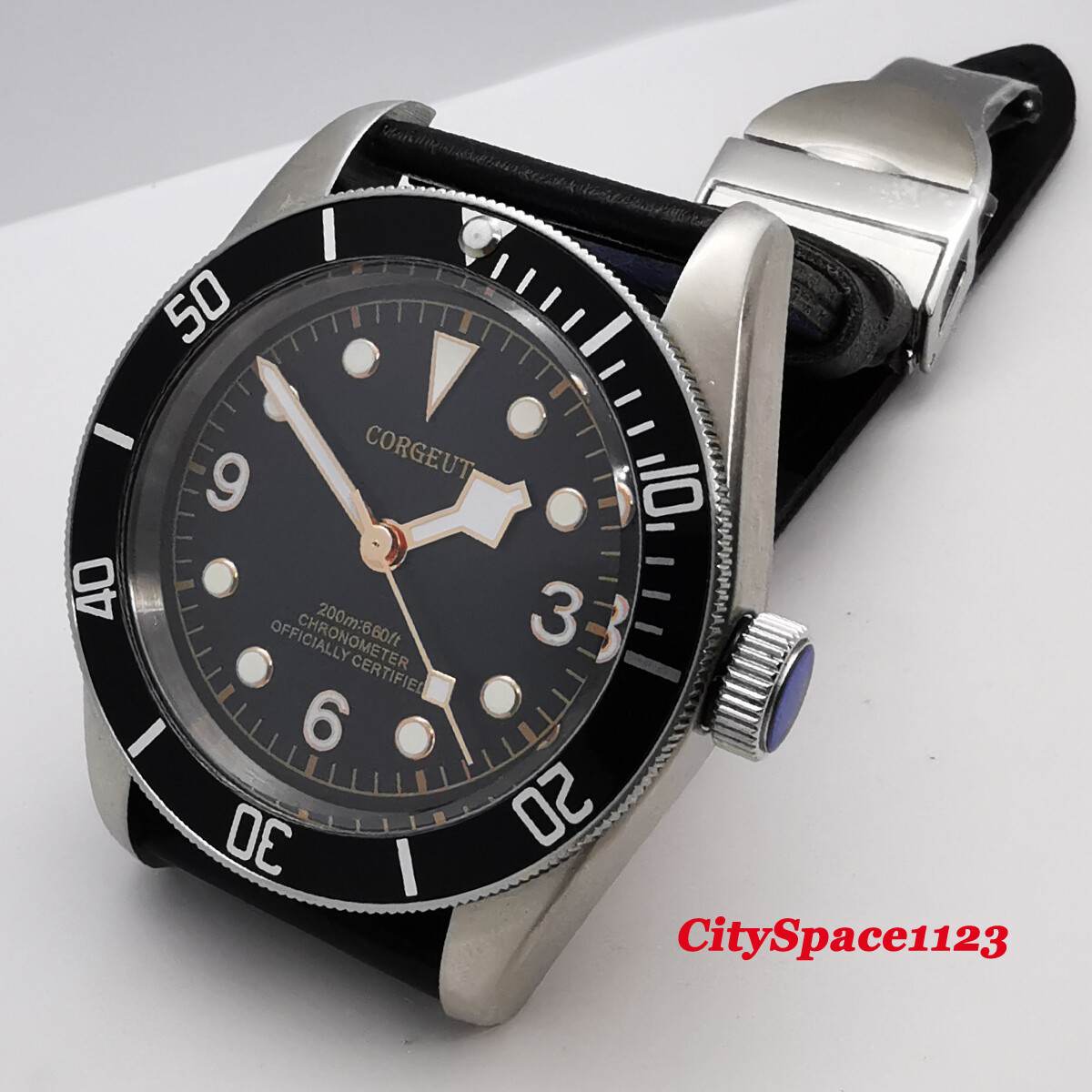 Corgeut automatic men's watch sapphire glass black dial rotating bezel ...