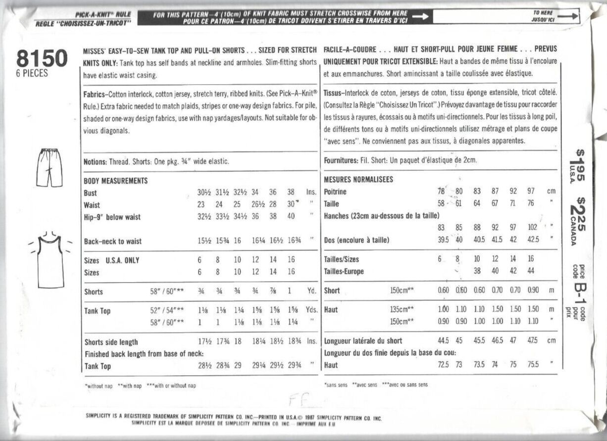 Simplicity Sewing Pattern 8150, Tank Top, Pull-on Shorts, Size 6 - 12 ...