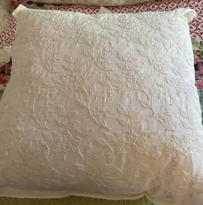 CHAPS Home EVELYN White Embroidered Floral PILLOW 16 x 16" Throw Cotton ...