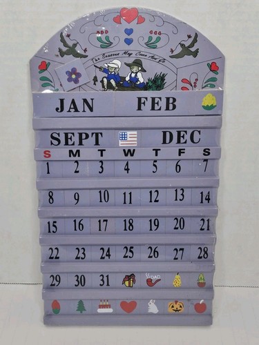 Vtg Wooden Perpetual Wall Calendar w/Holiday Squares New Purple Kids ...