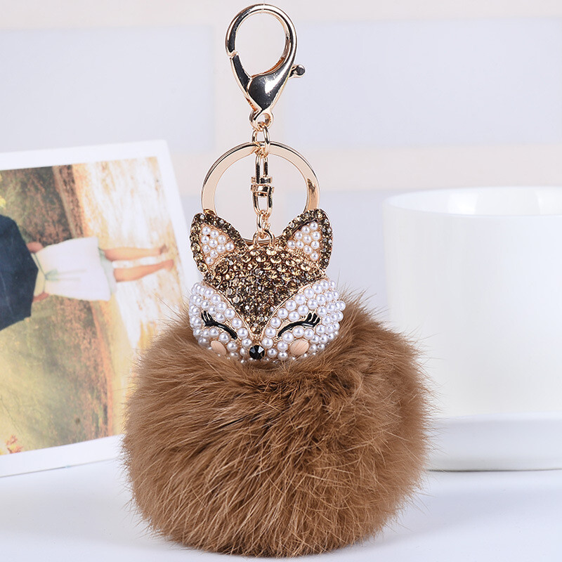Fox Head Rabbit Fur Ball Key Ring Keychain Women's Crystal Fashion Car ...