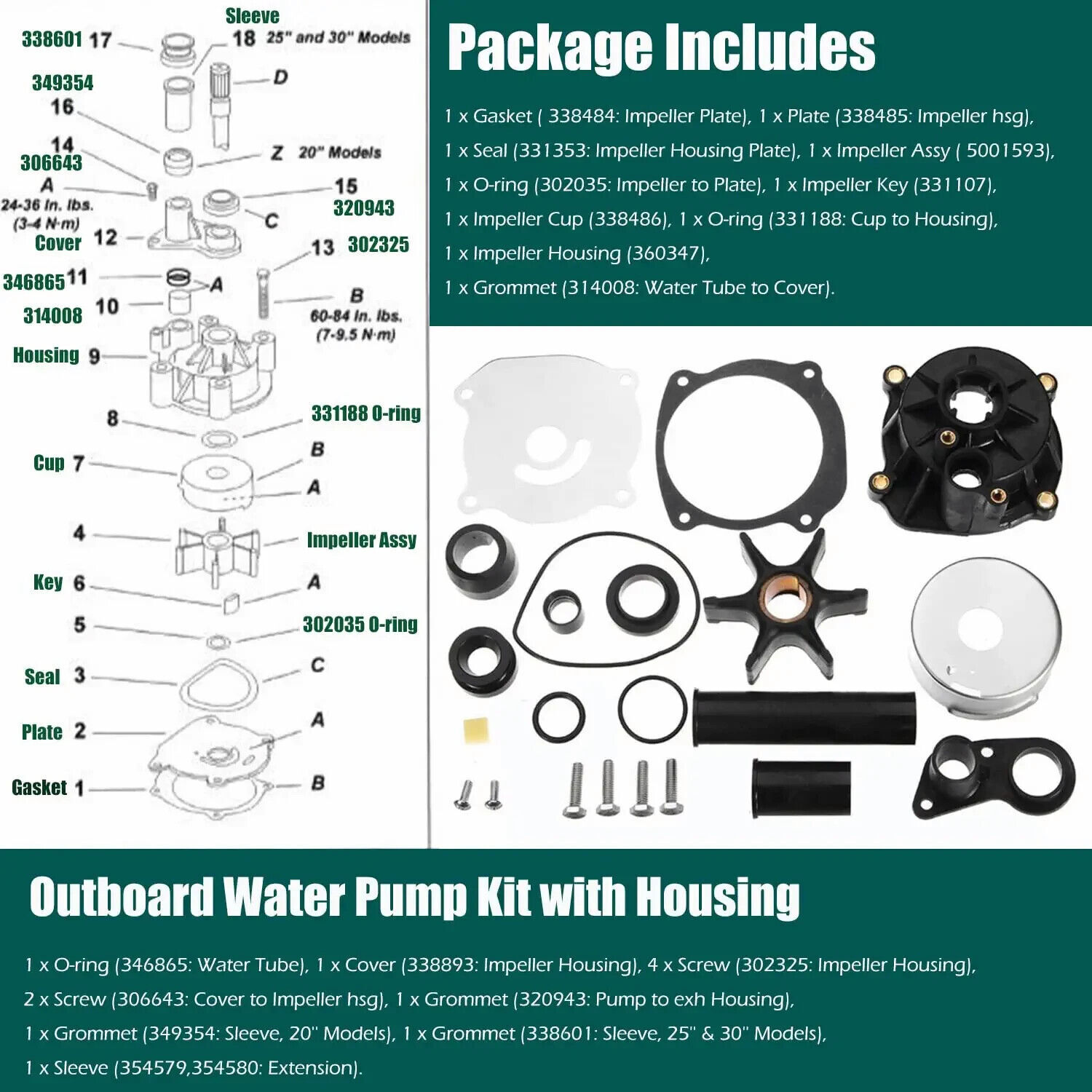 Johnson Evinrude 90 115 150 200 225 250 Water Pump Kit 5001595 18-3315 ...