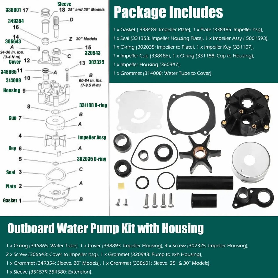 Johnson Evinrude 90 115 150 200 225 250 Water Pump Kit 5001595 18-3315 ...
