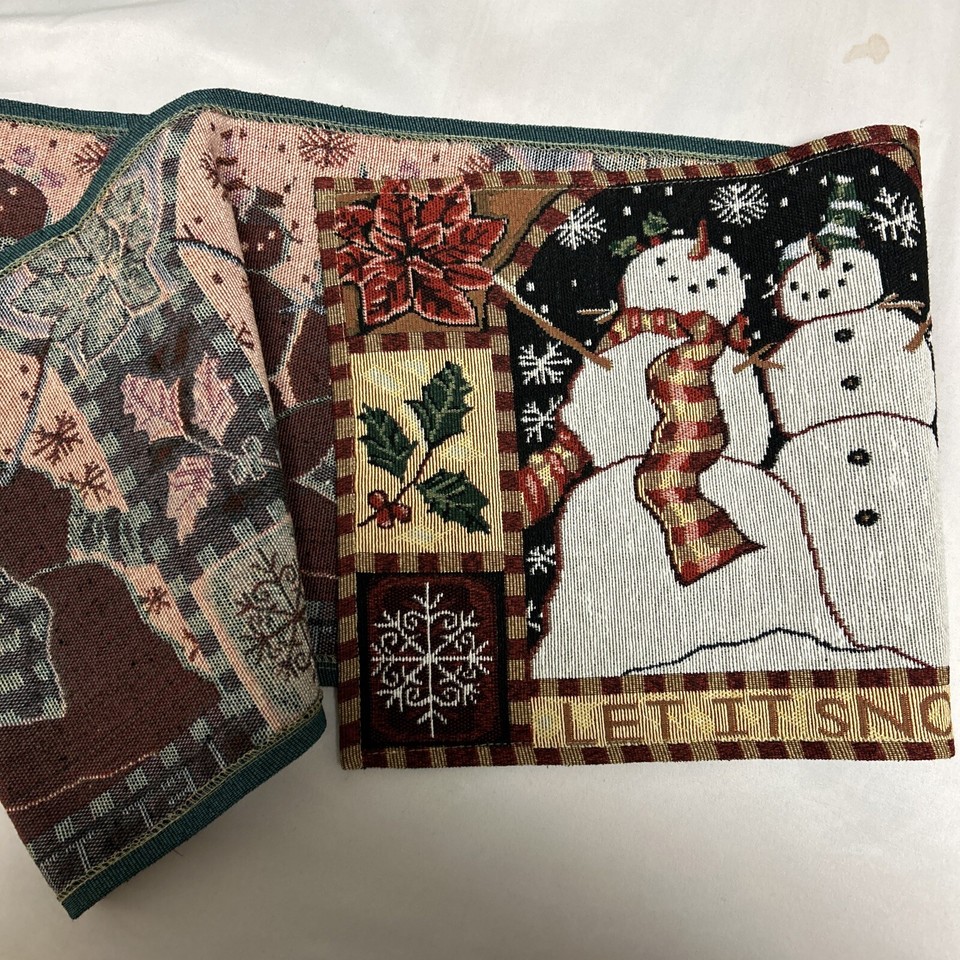 Snowman Table Runner 13x68 Christmas Tapestry Let It Snow Poinsettias ...