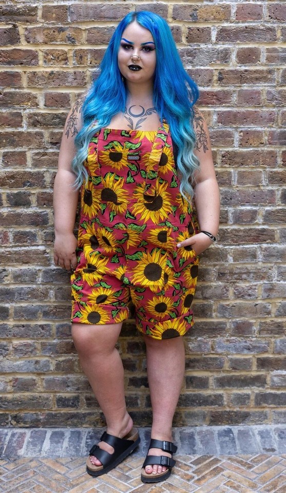 RUN AND FLY Red Sunflowers Stretch Twill Cotton Shorts Dungarees ...