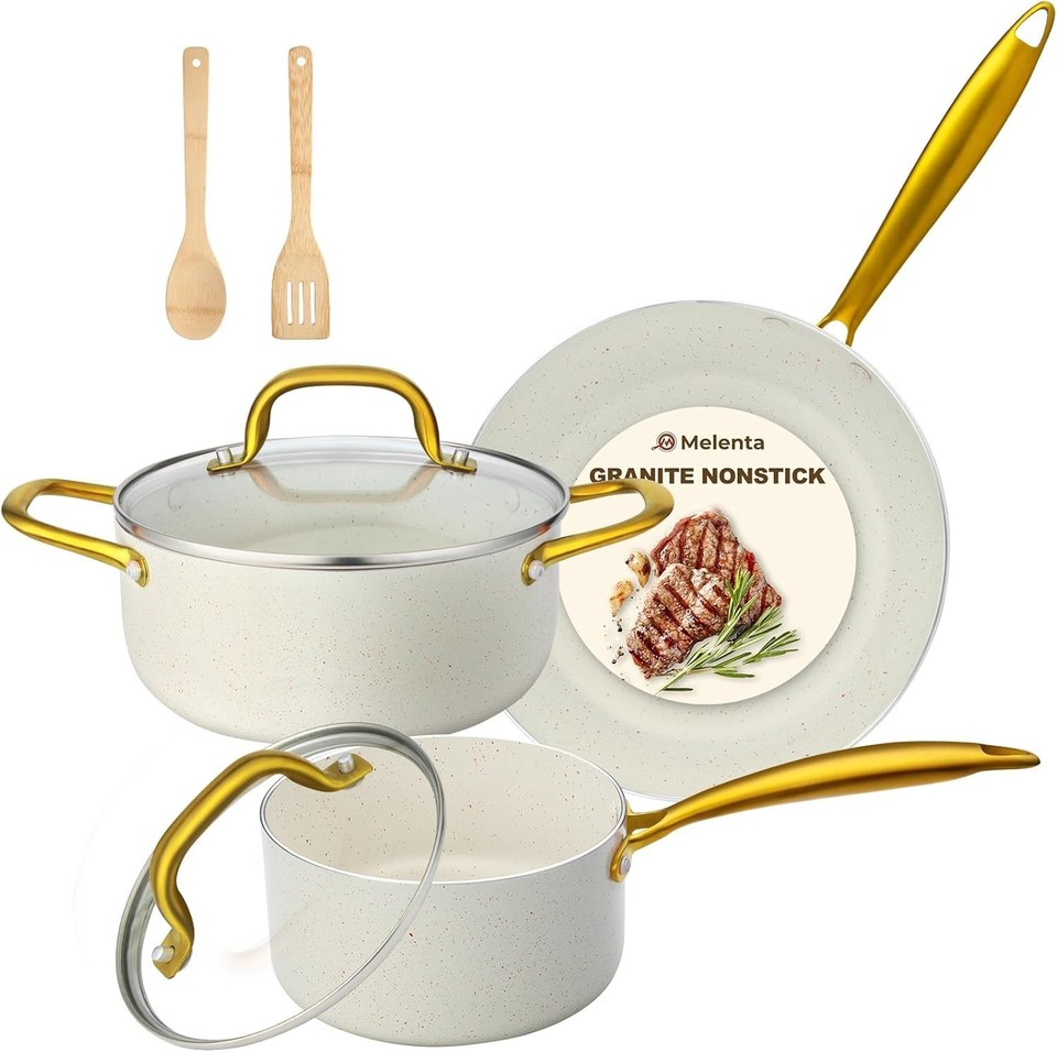 Pots and Pans Set Non Stick, 7 Piece White Granite Induction Cookware ...