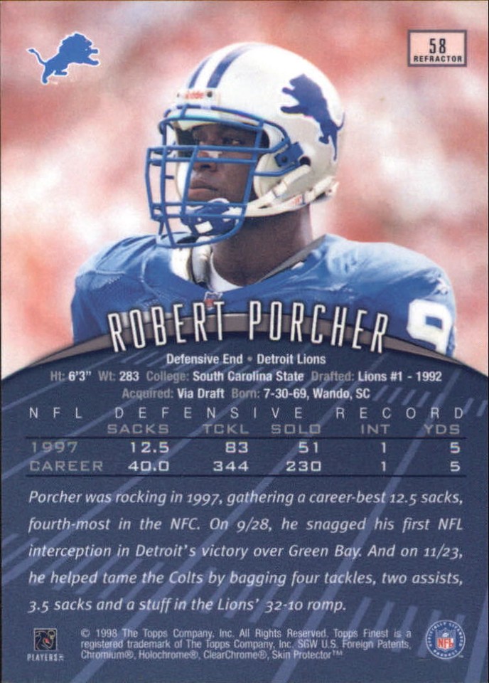 1998 Finest Refractors Detroit Lions Football Card #58 Robert Porcher ...