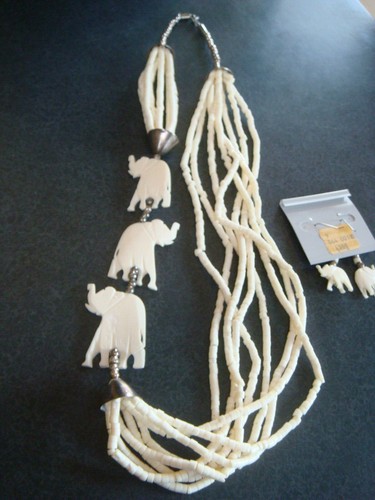 VINTAGE SILVER TONE FAUX IVORY CARVED ELEPHANT BEADED NECKLACE AND ...